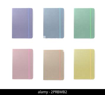 Set with multicolor notebooks on white background, top view. Banner ...
