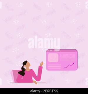 Line Drawing For Lady Sitting Presenting New Ideas With Web Browser ...