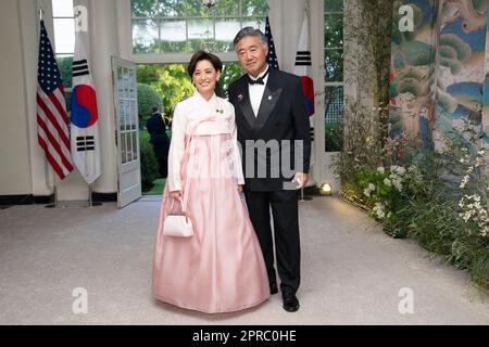 Rep. Young Kim, R-Calif., and Charles Kim arrive for the State Dinner with President Joe Biden ...