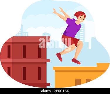 Parkour Sports with Young Men Jumping Over Walls and Barriers in City ...