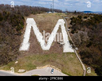 Aerial photograph of the Platteville Mound and its distinctive "M ...