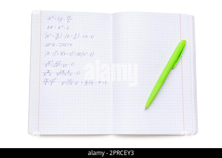 Copybook with maths formulas and pen isolated on white background Stock ...