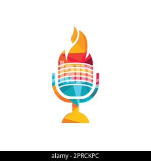 Fire Podcast logo design template. Flame fire podcast mic logo vector ...
