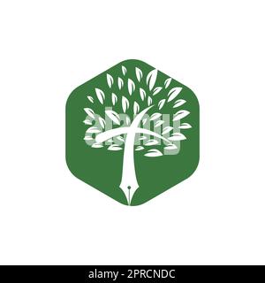 Tree pen and cross vector logo design template. Bible learning and ...
