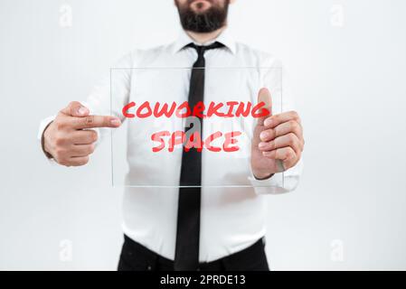 Hand writing sign Coworking Spacequestion. Word for Business services ...