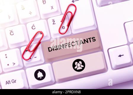 Conceptual display Disinfectants, Word Written on chemical that destroy ...