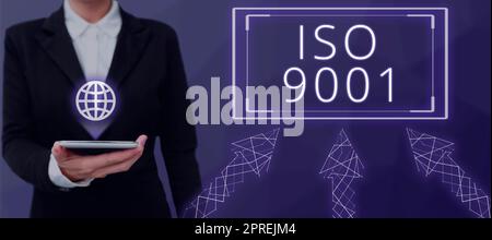 Hand writing sign Iso 9001. Business idea designed help organizations ...