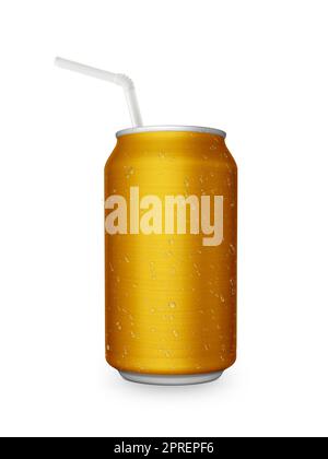 Aluminum can with the ring pull and straw. Isolated on a white Stock ...
