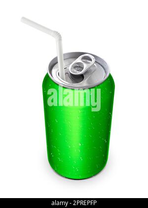 Aluminum can with the ring pull and straw. Isolated on a white Stock ...