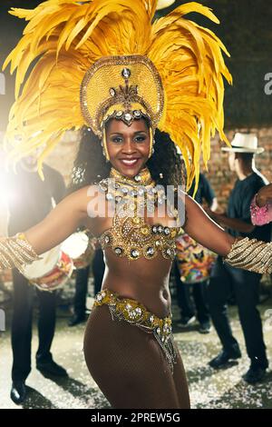 Party, dancing and portrait of samba dancer at carnival, festival and ...