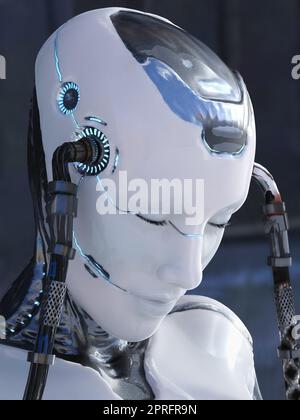 3D rendering of robotic woman recharging power with cables plugged in ...