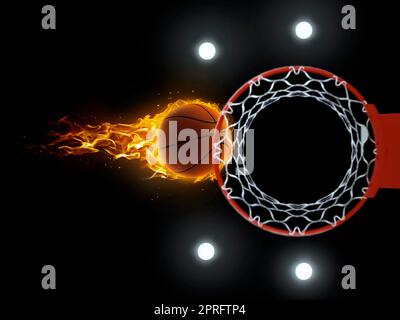 3D illustration of fiery basketball ball flying to hoop on black ...