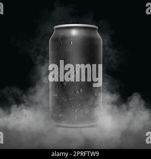 An unbranded freezing cold aluminum tin can with cold vapor an isolated ...