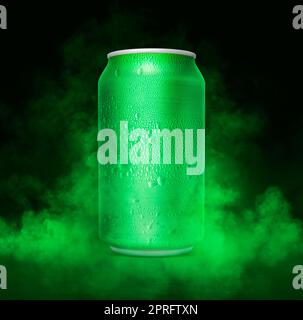 An unbranded freezing cold aluminum tin can with cold vapor an isolated ...