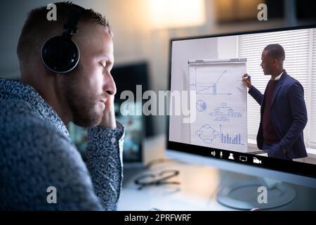 Bored Man Sleeping In Online Training Session With Coach Stock Photo ...