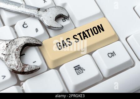 Conceptual caption Gas Station, Word Written on for servicing motor ...