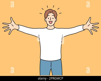 Excited young man stretch hands for hug or embrace. Smiling guy welcome ...