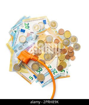 Electric plug and euro money isolated on white background. Concept of ...