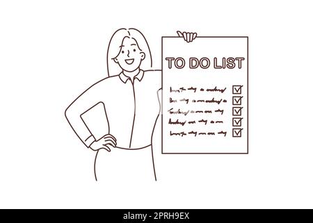 Smiling businesswoman show to do list with finish marks. Happy woman ...