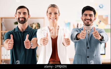 Collaboration, thumbs up and portrait of staff with diversity, like and thank you sign of ...