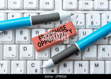 Writing displaying text Franchise Opportunity. Word for Business ...