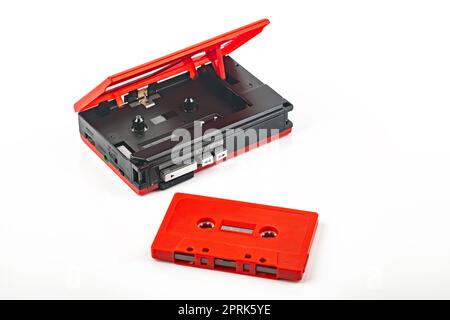 Beautiful red vintage audio cassette player over white background Stock ...