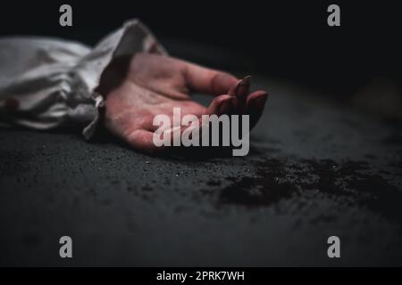Dead girl on the floor with blood from her mouth and nose Stock Photo ...