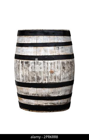 front view closeup of wine barrel with wood painted white and black ...