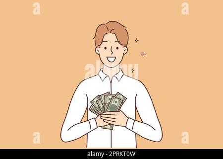 Smiling rich man stand holding pile of dollar banknotes get percentage ...