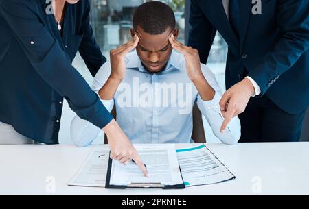 Businessman, stress and overwhelmed with headache, burnout or workload ...