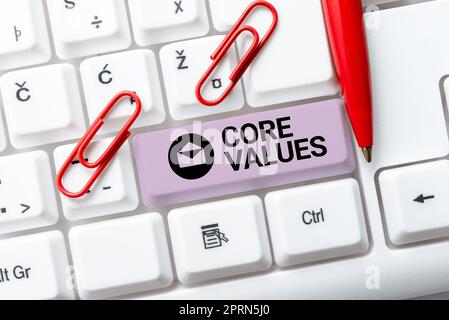 Inspiration showing sign Core Values. Business concept belief person or ...