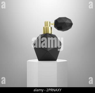 Perfume bottle 3d render exhibit displays. Spotlight illuminates ...