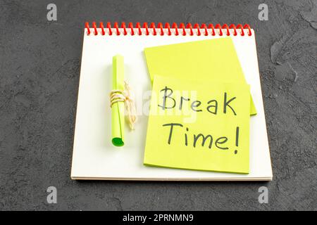 bottom view break time written on sticky note colorful sticky notes ...