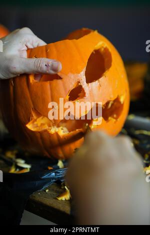 Close up shot of a carved scary pumpkin, Halloween decoration Stock ...