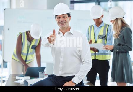 Thumbs up, like or success emoji of engineer, architect or business ...