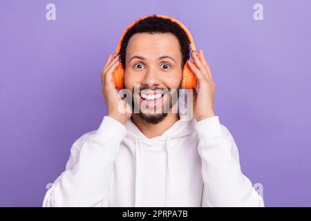 Portrait of impressed ecstatic guy brunet haircut wear colorful shirt ...