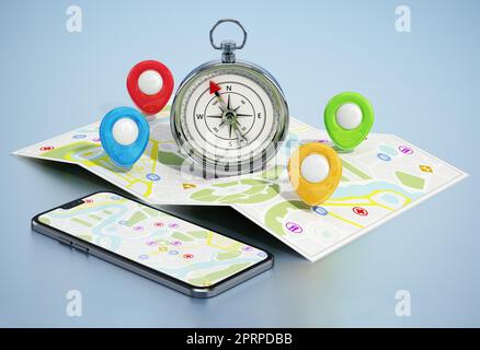 Compass and GPS markers standing on navigation map. 3D illustration ...