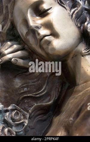 Vintage sculpture of sad woman in grief. Virgin Mary bronze statue ...