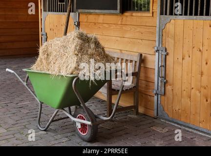 Wheelbarrow with hay near wooden stable outdoors Stock Photo - Alamy
