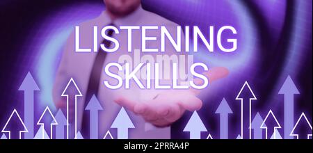 Text caption presenting Listening Skills, Business overview search ...
