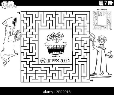 Halloween black and white maze for children. Autumn preschool printable ...