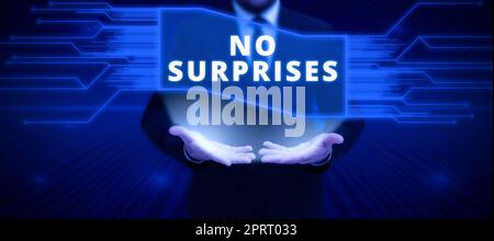 Hand writing sign No Surprises. Business showcase Presupposed Eventual ...