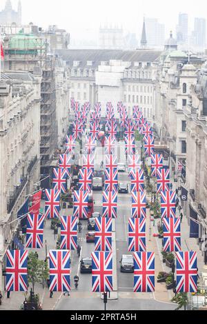 EDITORIAL USE ONLY 150 Union Flags fly above Regent Street in London to ...