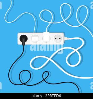 Electrical wires and chargers on blue background. A mess of cables from ...