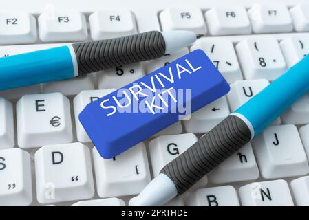 Handwriting text Survival Kit, Word Written on Emergency Equipment ...