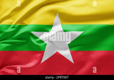 Flag of Myanmar with cloth texture. Close up of Myanmar flag waving ...
