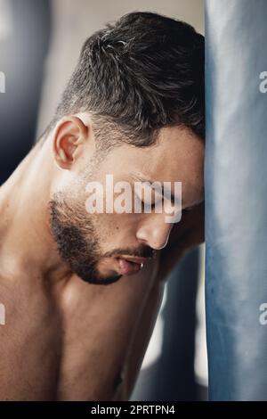 Man, gym break and stress for training, athlete fatigue and thinking on ...