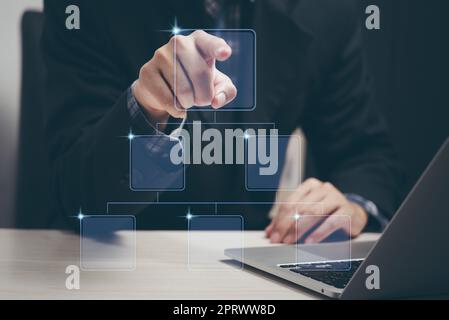 Businessman screen computing adviser flowchart teamwork chart, touching ...