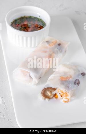 Prawn shiitake rice paper rolls Stock Photo - Alamy