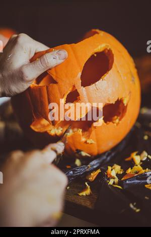 Close up shot of a carved scary pumpkin, Halloween decoration Stock ...